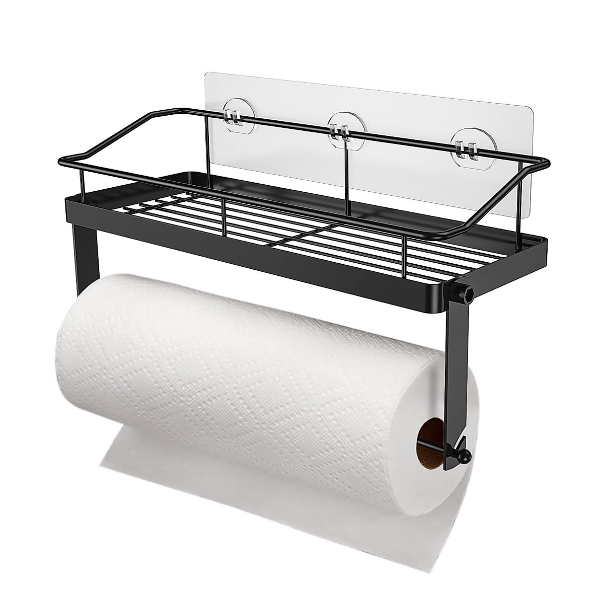 Adhesive Paper Towel Holder Shelf, 2-in-1 Wall Mounted Black Paper Towel Roll Rack Basket for Kitchen,Shower Bathroom & Balcony,Rustproof,No Drilling,SUS 304 Stainless Steel