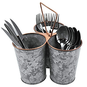 MyGift Galvanized Metal Utensil Holder Caddy with 3 Compartments, Copper Rim and Handle, Countertop Cutlery Storage, Flatware Organizer Holds Forks, Knives, Spoons - Handcrafted in India