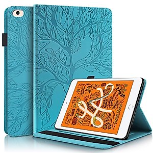 Pefcase iPad Mini 5 Case, iPad Mini 1/2/3/4/5th Generation Cover, Multi-Angle Viewing Folio Smart PU Leather Cover with Auto Sleep/Wake for Apple iPad Mini 7.9 inch Life Tree - Turquoise