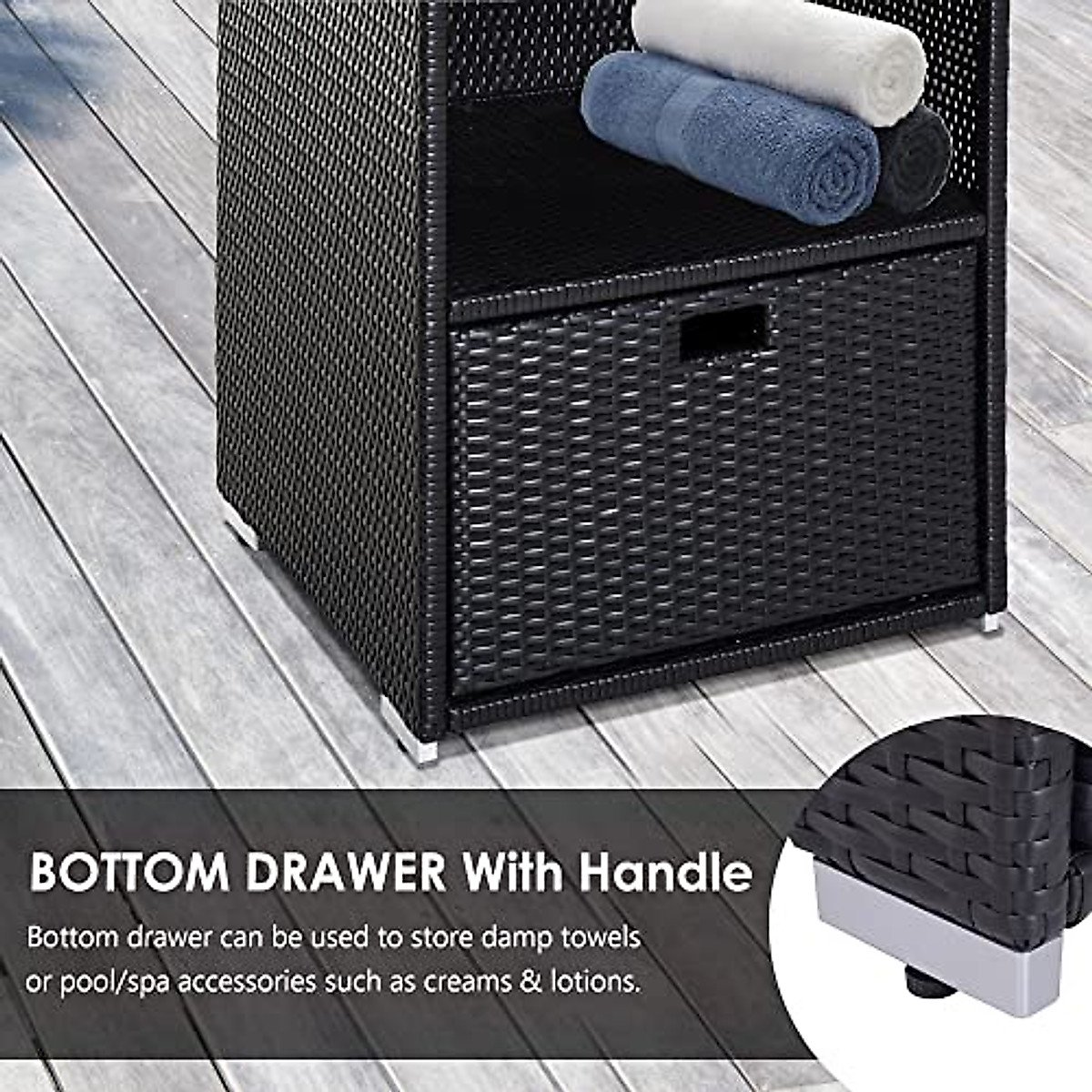 Outsunny Valet Pool Towel Rack, Waterproof PE Plastic Rattan Wicker Storage Organizer, Indoor Outdoor Spa, and Hot Tub Accessory Storage, 2 Shelves, 1 Basket Drawer, Espresso