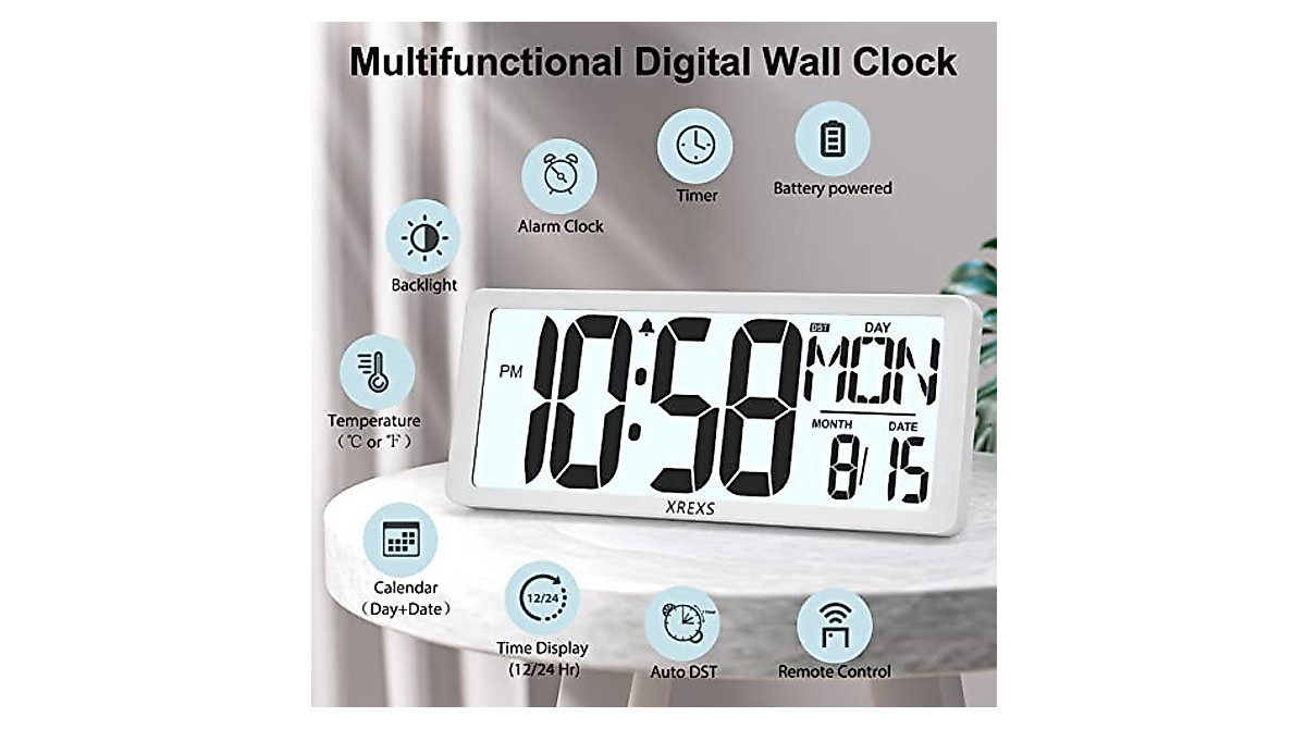 XREXS Large Digital Wall Clock with Remote & Backlight Display