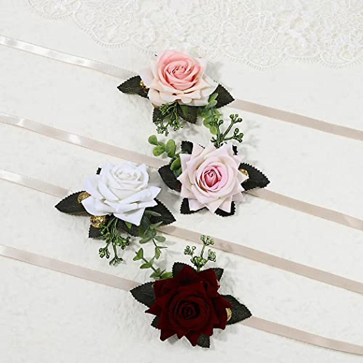 Latious Wedding Bride Wrist Corsage Red Bridal Rose Wrist Flower Bridesmaids Hand Floral Decor Flowergirl Prom Party Accessories for Women and Girls (Red)