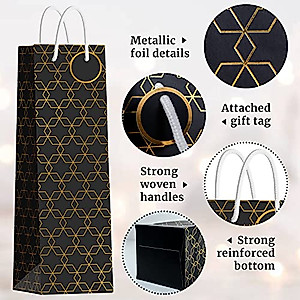 Gold Wine Gift Bags - Set of 6 - Assorted Black & Gold Gift Bags With Handles + Name Tags. - Modern Geometric Metallic Gift Bags - Perfect for Christmas, Birthdays, Anniversaries, Bridal Showers, Thank You Gifts, Housewarming Dinner Party, Weddings, & mor