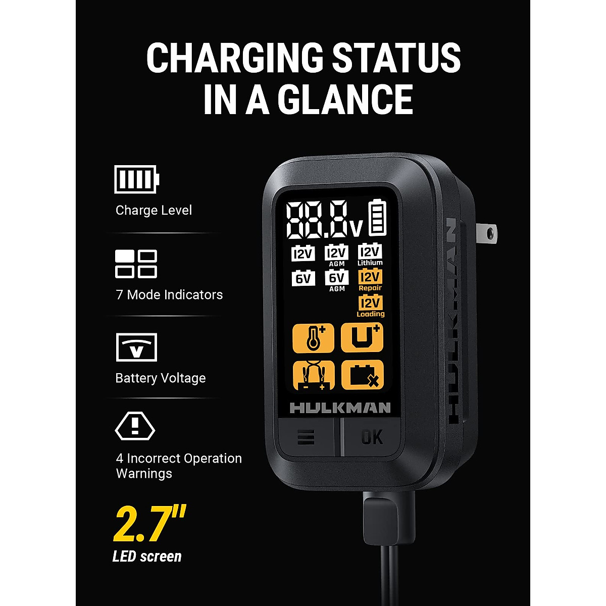 HULKMAN Sigma 1 Car Battery Charger, 1A 6V/12V Automatic Smart Trickle Charger, Battery Maintainer, and Desulfator with Intelligent Interface