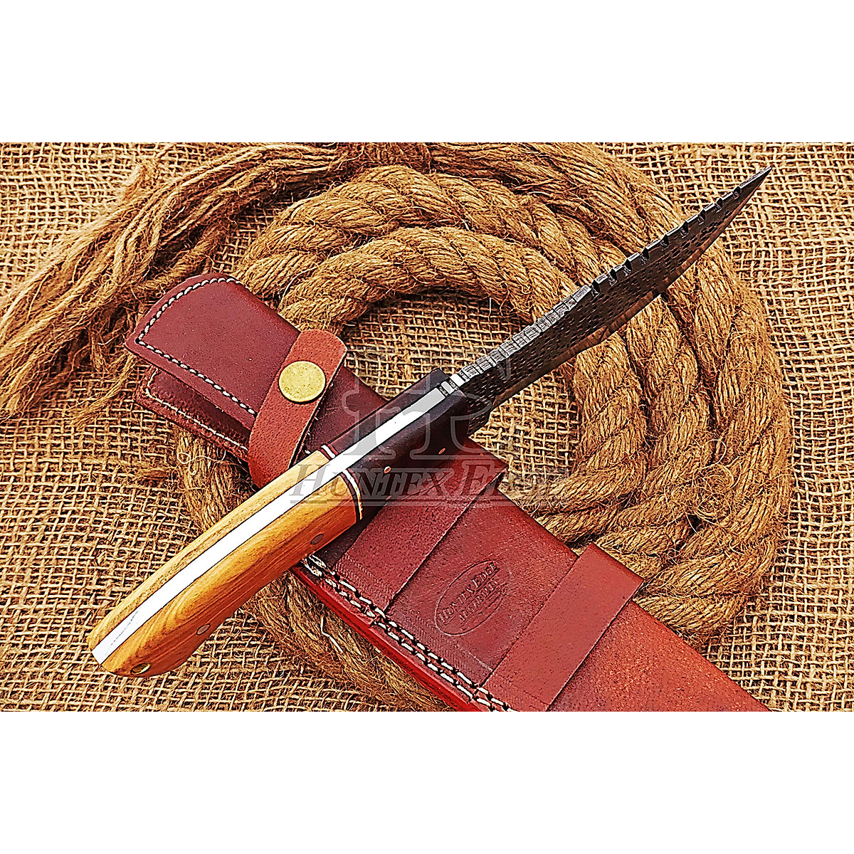 HUNTEX Handmade Exposed Hand-Forged Ladder Pattern Damascus Steel 10 Inch Long Full Tang Oak Wood Handle Razor Sharp Hunting Camping Tracker Knife w/Genuine Leather Pouch