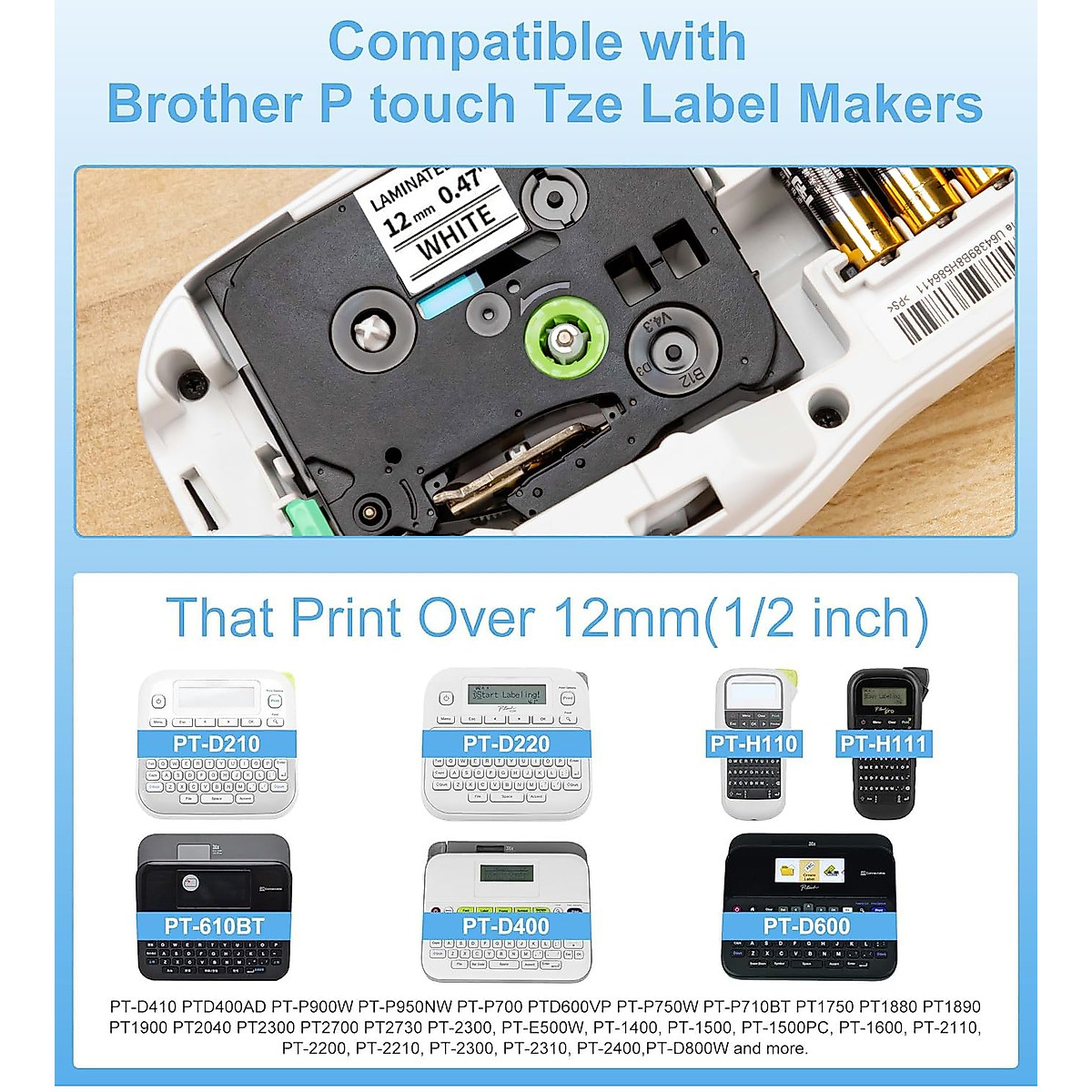 MarkDomain 12-Pack Label Maker Refills Replacement for Brother P Touch TZe TZ 12mm 0.47 Laminated TZe231 Black on White Label Tape, Work with Brother PT-D220 PT-D210 PT-H110 PT-D410, 12mm x 8m