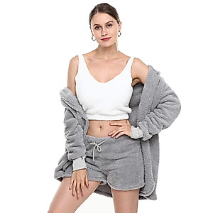 Womens Sexy Fuzzy Warm Sherpa Fleece 3 Piece Outfit Fleece Coat Jacket Pajamas Loungewear Outwear and Spaghetti Strap Crop Top Shorts Set (Grey, M)