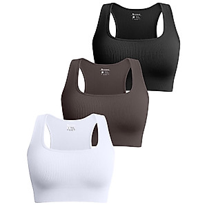 OQQ Women's 3 Piece Medium Support Crop Tops Ribbed Seamless Removable Cups Workout Exercise Racerback Sport Bra Black Tea Leaf White