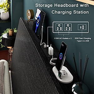 Einhomn Queen Size Metal Bed Frame with LED Lights & Charging Station, Ergonomic Platform Bed with Wooden Storage Headboard, Heavy-Duty Metal Base, 12" UnderBed Storage, No Box Spring Needed, Black