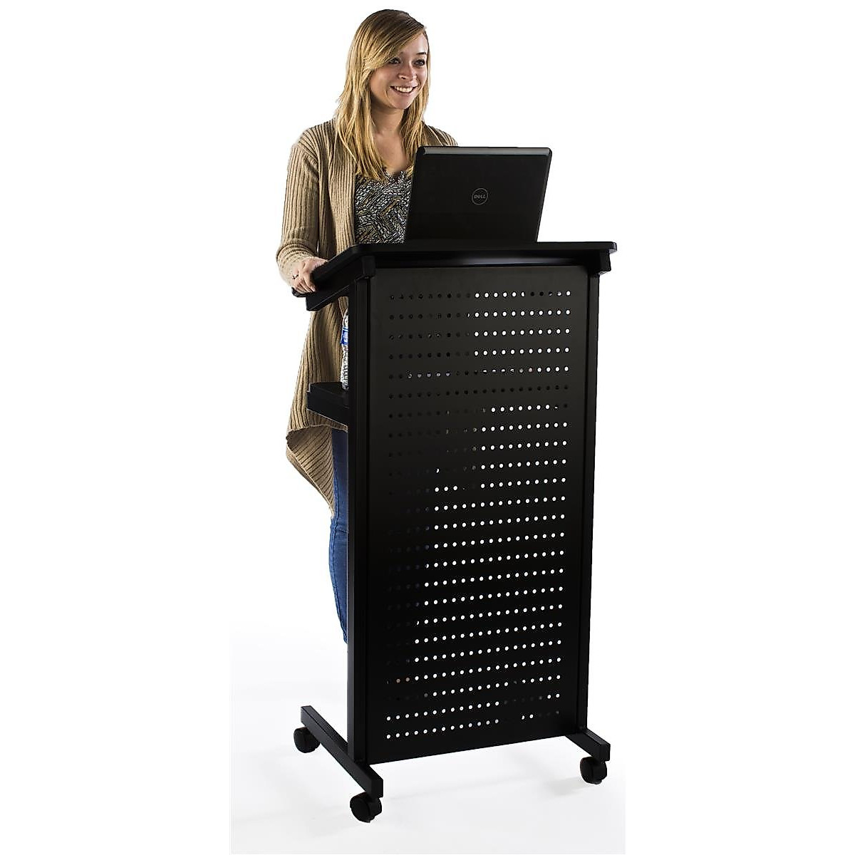 Displays2go Mobile Podium, 46.5 x 23 Inches, Locking Wheels, Shelf Included, Black Steel, MDF Wood (LCTMOBMETB)