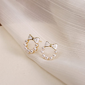 Channel V Small Pearl Earrings Cute Bow Pearl Stud Earrings Ribbon Bow Wedding Earring Jewelry Gift for Women