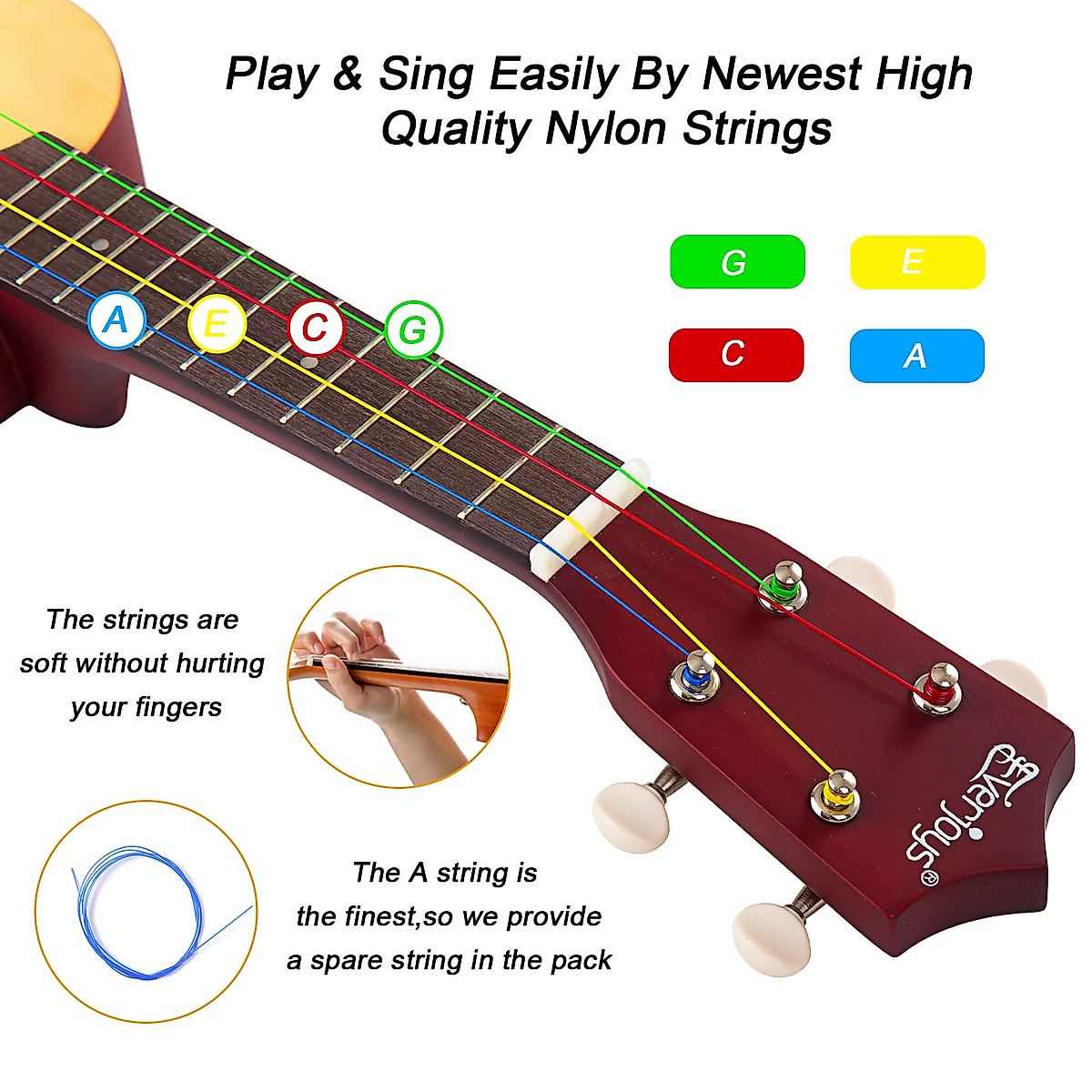 Everjoys Soprano Ukulele Beginner Pack-21 Inch w/Rainbow String Free Online Lesson Gig Bag Fast Learn Songbook Digital Tuner Pick All in One Kit