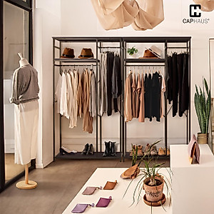 CAPHAUS 550lbs Capacity Garment Rack for Hanging Clothes, Heavy Duty Metal Open Wardrobe w/Hanging Rods & Drawers, Free Standing Closet Organizer, Metal Closet w/Wooden Boards, Black Vintage Board