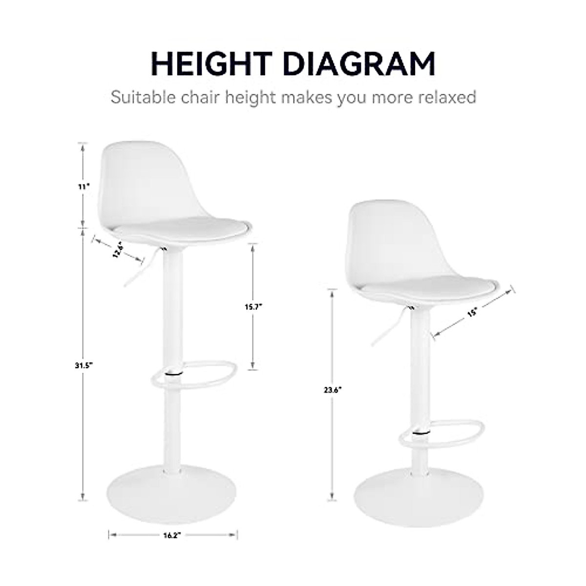 Miereirl Bar Stools Set of 2 Morden Height Counter Bar Stools with Polypropylene Back and Leather Seat，Swivel Adjustable Stool Chair for Home Kitchen Island-White