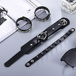 4 Pieces Goth Bracelets for Women Punk Leather Bracelet Punk Rock Accessories Spike Bracelet Gothic Spike Rivet Cuff Bracelet Adjustable Goth Cuff Wristband Metal Studded Buckle Wristband