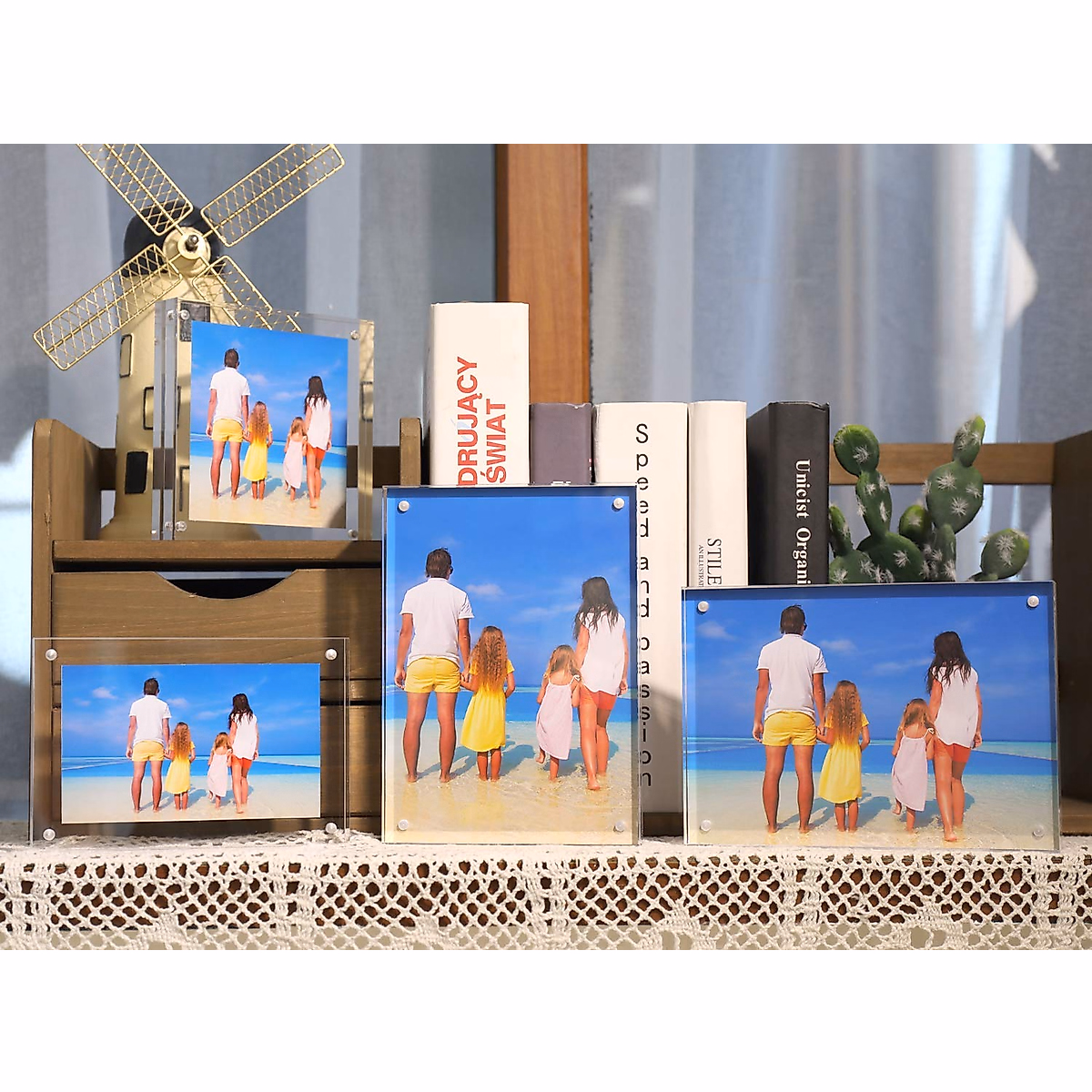 Meetu 5 Pack Acrylic Picture Frame 6x8,Clear Freestanding Double Sided 20mm Thickness Frameless Magnetic Photo Frames Desktop Display with Gift Box Package