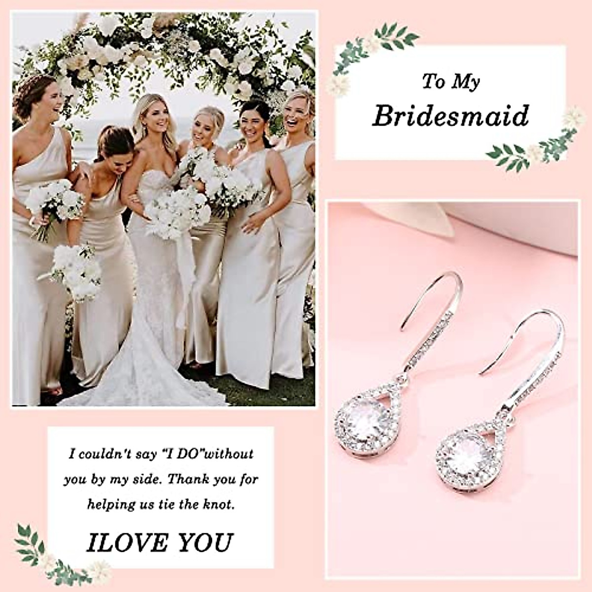 Bridesmaids Gift I Couldn't Say I Do Without You Teardrop Wedding Earrings Cubic Zirconia Dangle Drop Earring Bridesmaid Proposal Gifts Set of 6