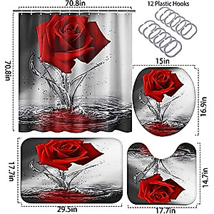 XVWJ 4PCS Water Red Rose Bathroom Shower Curtain Sets, Bathroom Sets with Shower Curtain and Rugs, Toilet Lid Cover Bath Mat, Waterproof Fabric Floral Shower Curtains with Bath Mat Sets