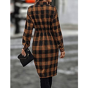 Blooming Jelly Womens Plaid Dresses Flannel Ladies Dresses Casual Tunic Dress Shirt Button Down Dress with Belt(Medium,Brown)