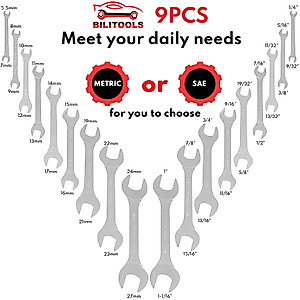 BILITOOLS Super Thin Open End Wrench Set, 9 Piece SAE 1/4 to 1-1/16 inch, CR-V Steel, HRC 40-45