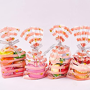 JOERSH 100 Pack 8.1" x 5" Bottom Gusset Clear Cellophane Treat Bags with Ties for Cookies Candy Popcorn Birthday Party Favor Bags Gift Giving, Pink Stripes and Hearts Pattern
