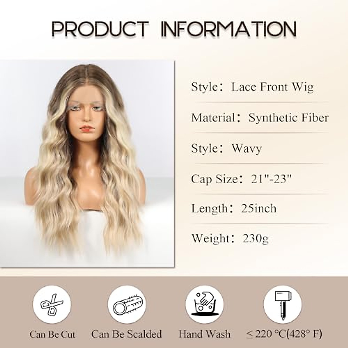 EMMOR Long Ombre Blonde Lace Front Wig for Women,25 Inch Natural Wavy Daily Hair Synthetic Lace Wigs Middle Part,Hand Tied/Longlife/Lightweight