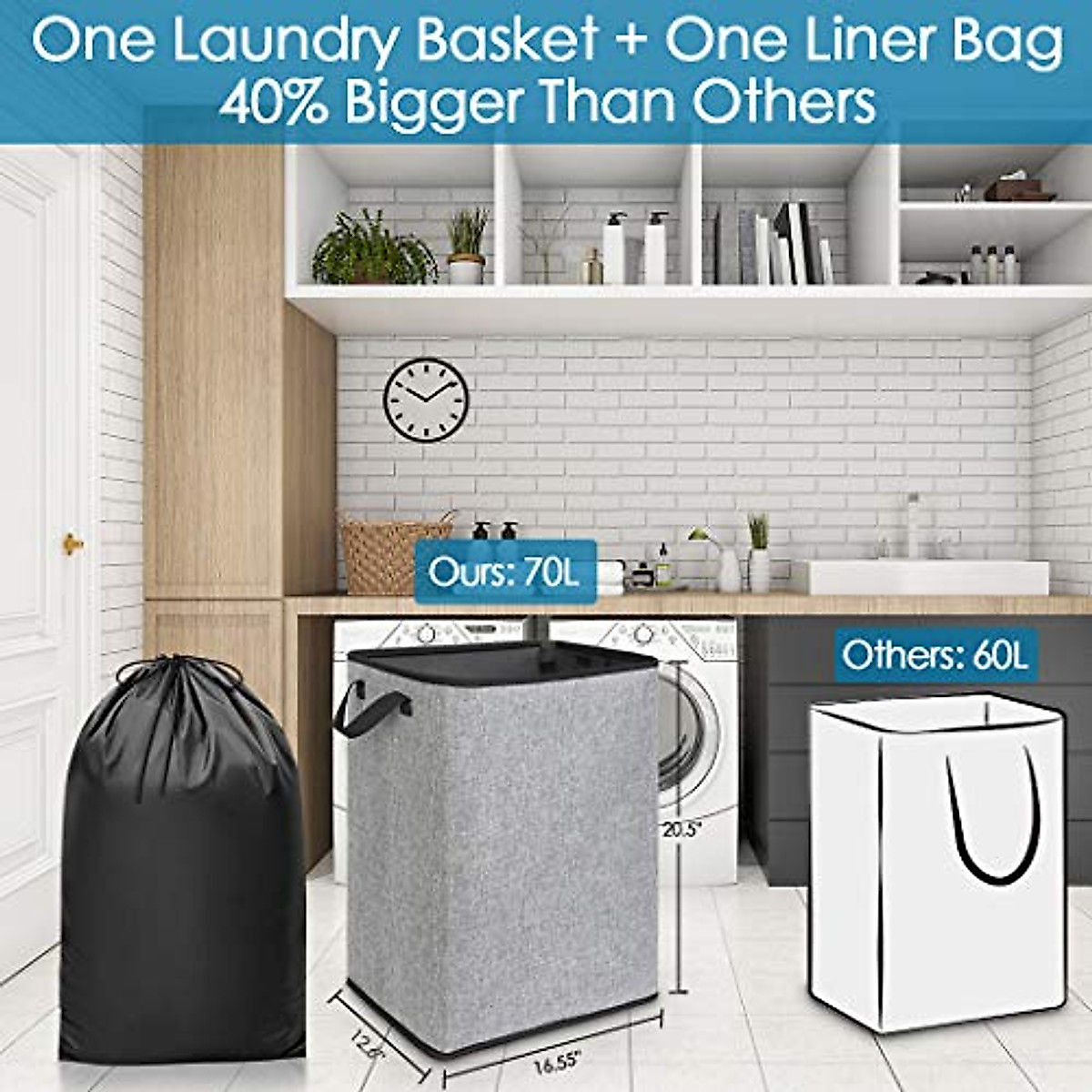 SNIGJAT 70L Clothes Laundry Hamper for Bedroom with Removable Liner, Lightweight Dirty Clothes College Hamper Collapsible for Small Space, Sturdy Laundry Basket with Handles for Bathroom Closet
