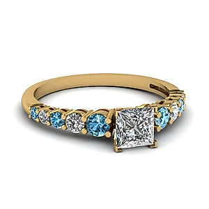 CustomizedGifts Graduated Diamond Engagement Ring yellow gold plated Natural Blue Topaz Princess shape Blue color Petite Engagement Rings prong Setting in Size 4 Fashion Jewelry