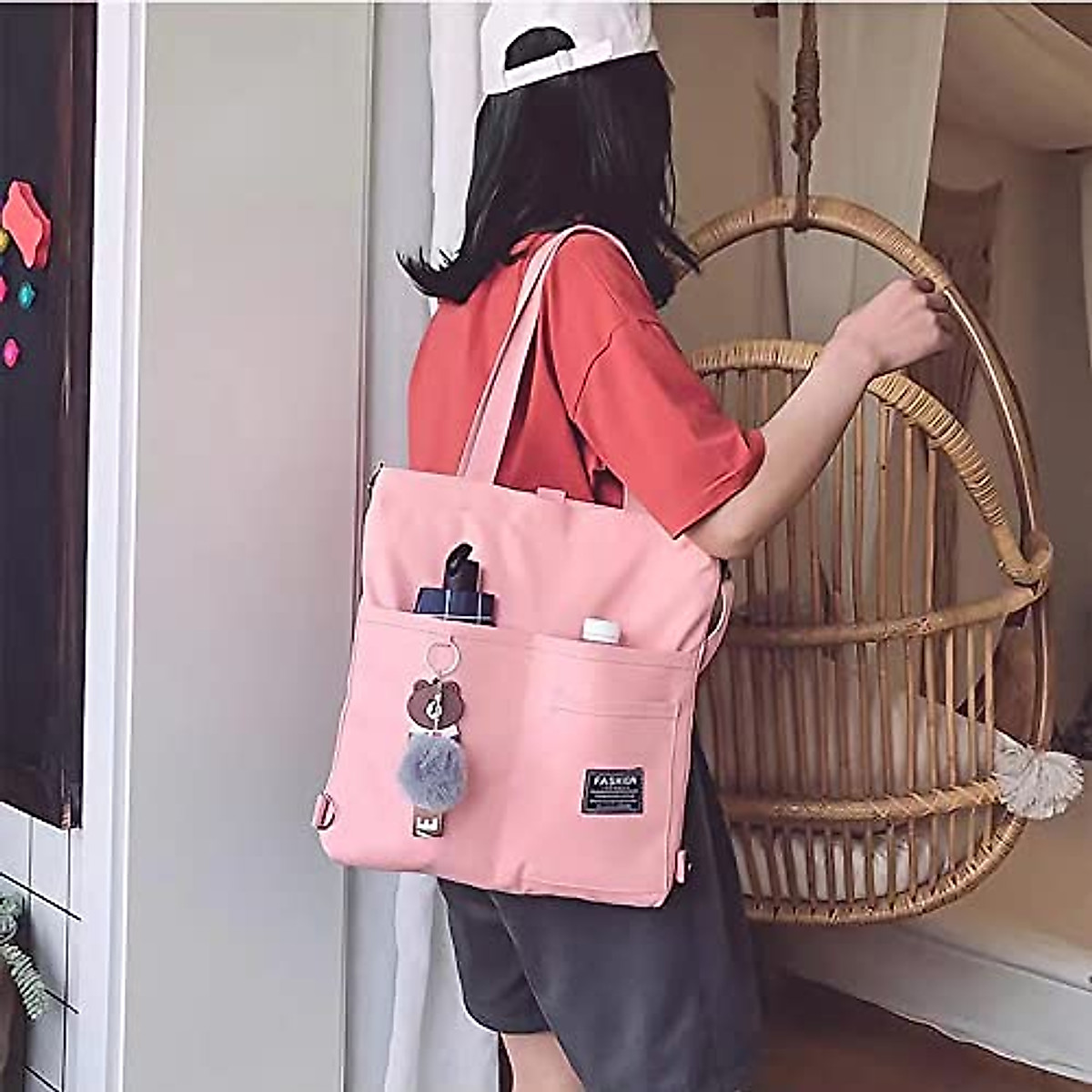 LOLAGIGI Shoulder Tote Bag for Women Canvas Crossbody Handbag Casual Hobo Aesthetic Satchel Adjustable Shoulder Backpack with Zipper Pocket, Suit for Girl Teens School Work Travel, Pink