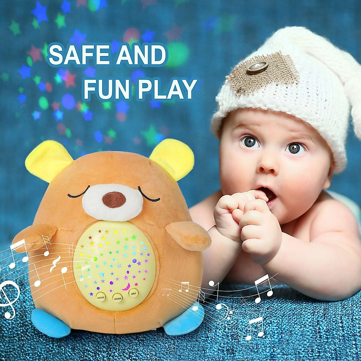 Baby Sleep Soother Happy Bear - Toddler Portable Sound Machine with Night Light Projector - Plush Toy Crib Soother with Music and Lights to Aid Sleep for Newborn