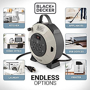 BLACK+DECKER 25 Ft. Retractable Extension Cord Reel With 4 Outlets, 2 USB Ports, Multi-Plug Extension, On/Off Switch & Heavy-Duty 16AWG SJT Cable