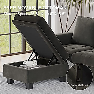 Belffin Velvet U Shaped Sectional Sofa Couch with Storage Ottoman Convertibel Sectional Sofa with Reversible Chaises Grey