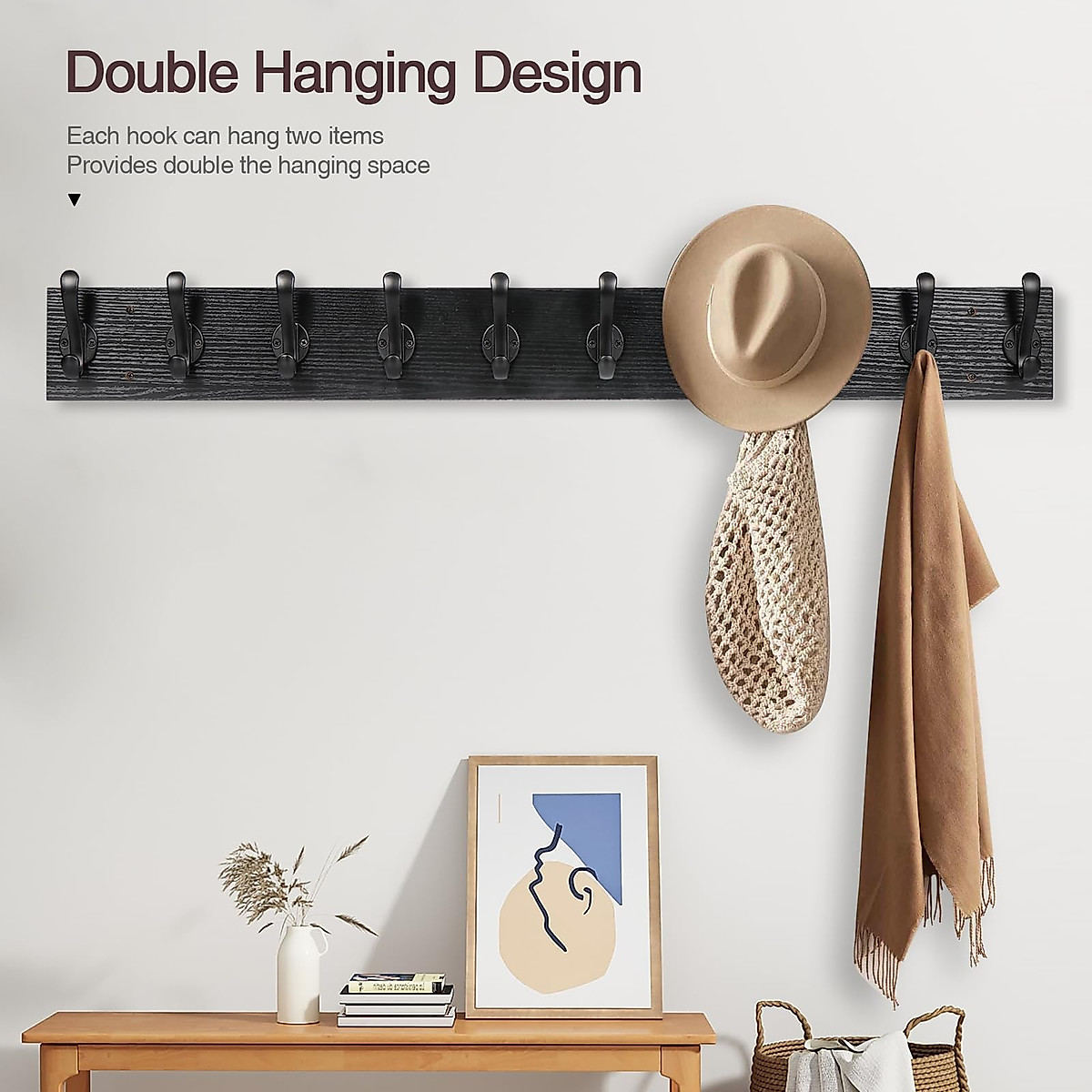 Tatub Black Coat Rack Wall Mount, 38.6" Long Coat Hooks for Wall, Entryway Coat Rack with 10 Hooks, Farmhouse Coat Hanger Wall Mount, Heavy Duty Wall Coat Hooks for Hanging Coat, Hat, Bag, Jacket