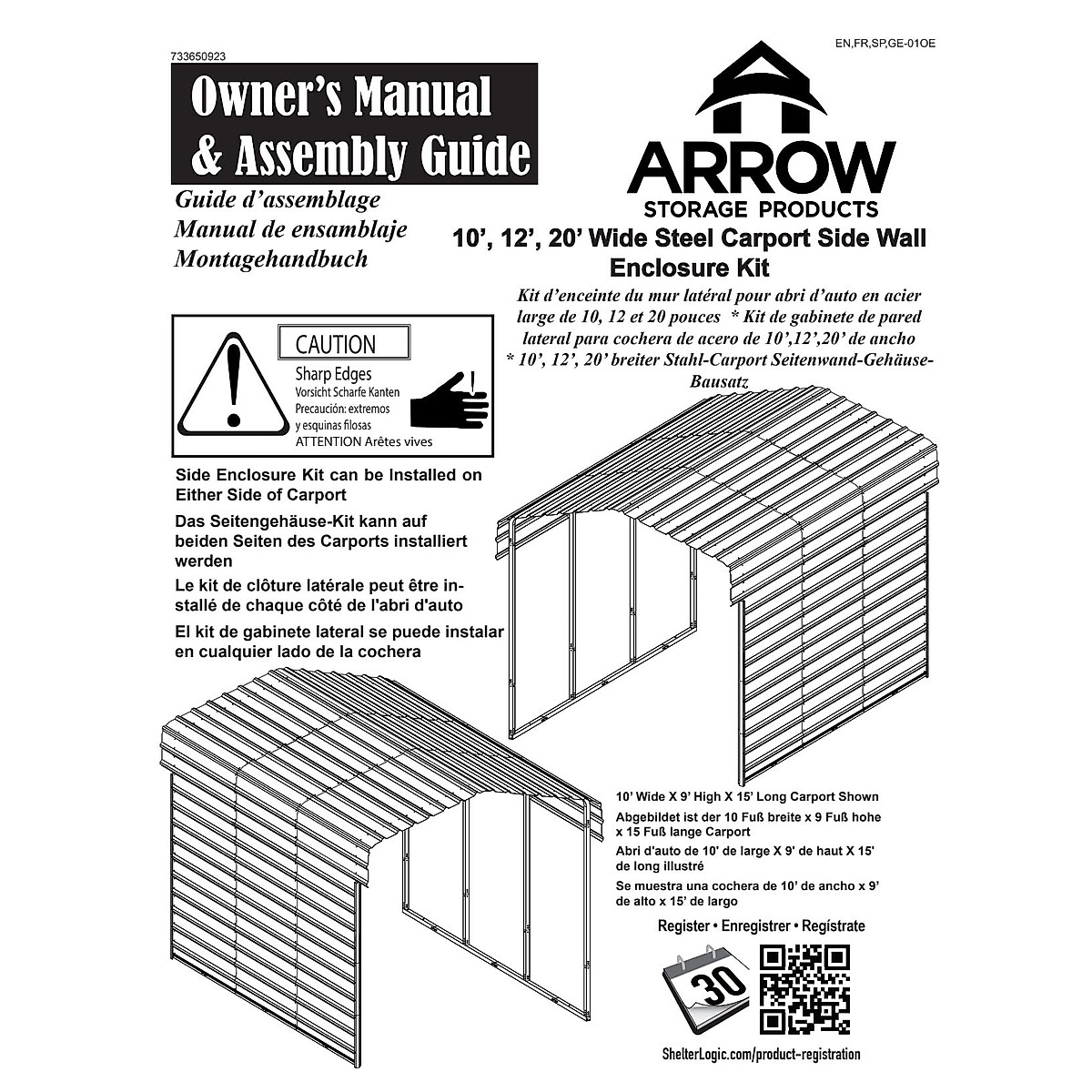 Arrow 29' x 9' One-Sided Carport Enclosure Wall Kit for 7' or 9' Carports, Heavy-Duty Galvanized Steel Carport Enclosure Panel, 1 Wall, Charcoal