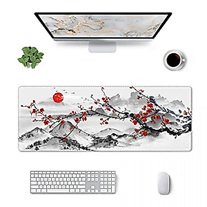 Japanese Sakura Cherry Blossom Mouse Pad XXL Full Desk Mousepad Extended Large Non-Slip Rubber Base Big Keyboard Mat with Stitched Edges for Gaming and Office（31.5 X 11.8 Inch 3mm）