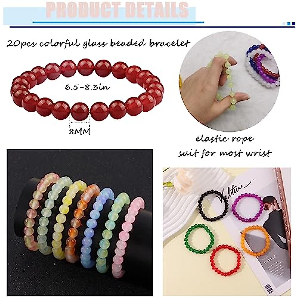 FINZOR 24Pcs 8mm Beaded Stretch Bracelet Handmade Round Glass Bracelet for Women Multicolor Matte Beads Elastic Bracelet Shining Beads Wristband Valentines Jewelry
