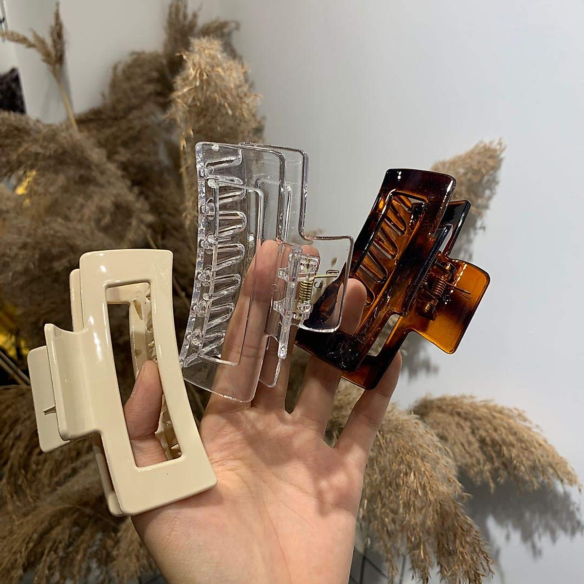 Whaline Hair Claw Clips Strong Hold Rectangle Hair Claw 6 Pack Transparent & Solid Color Hair Jaw Clamp Non-Slip Catch Hair Clips Hair Styling Accessories for Women Girls Thin Thick Hair