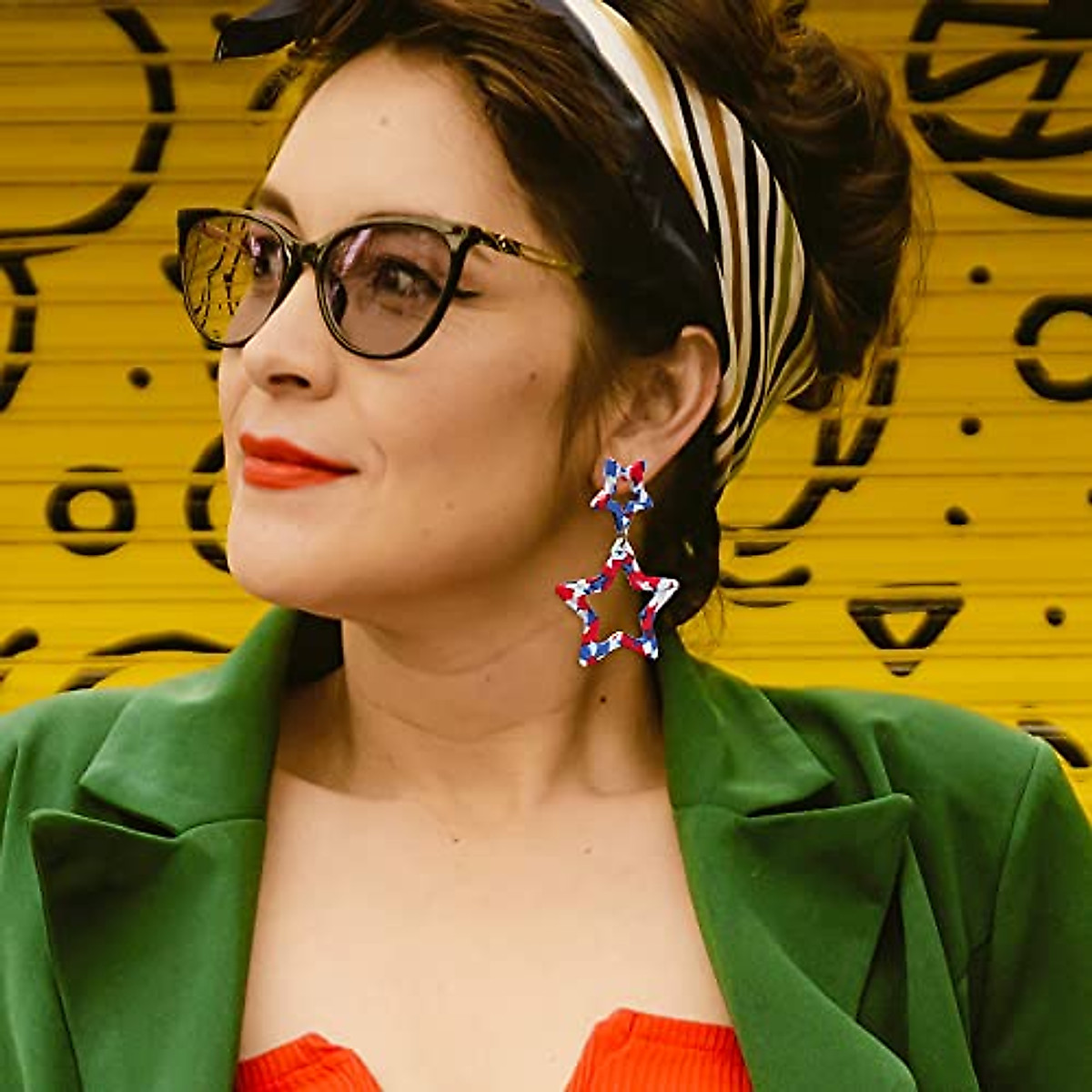 Madison Tyler Americana Collection 4th of July Jewelry, Red White and Blue Plexi Double Star Drop Dangle Post Earrings for Women. (Double Star Earrings)