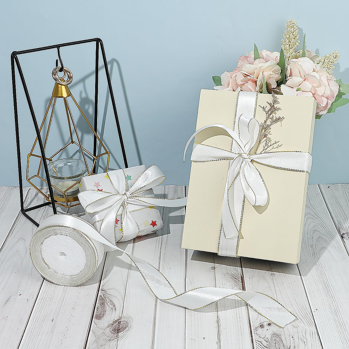 White Satin Ribbon Double Faced Fabric Ribbon with Gold Edges 1 Inch×25 Yards Gold Border Ribbon for Gift Wrapping Crafts Flower Bouquet Hair Bows Making Wedding Party Decoration