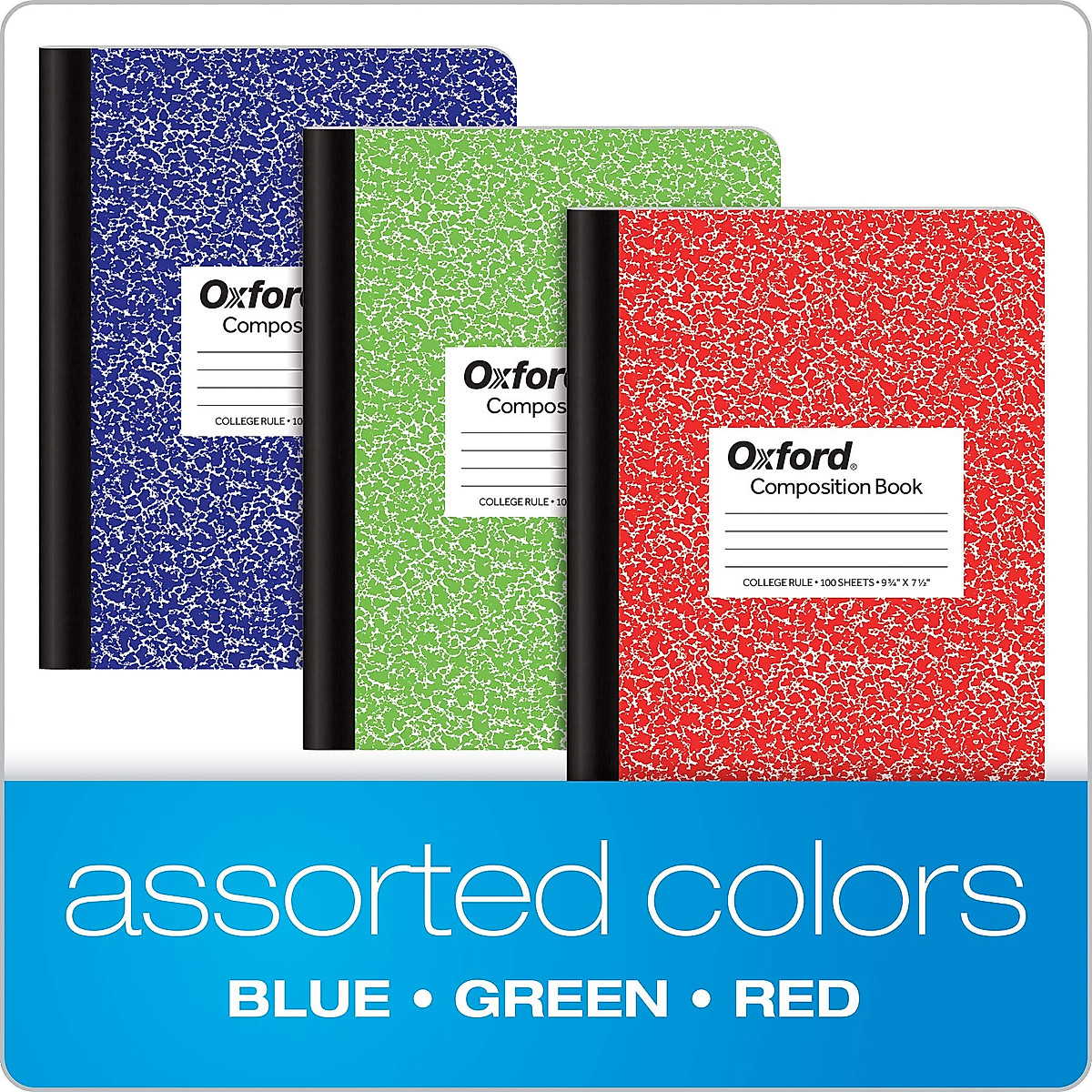 Oxford Composition Notebook 6 Pack, College Ruled Paper, 9-3/4 x 7-1/2 Inches, 100 Sheets, Assorted Marble Covers. 2 Each: Blue, Green, Red (63763)