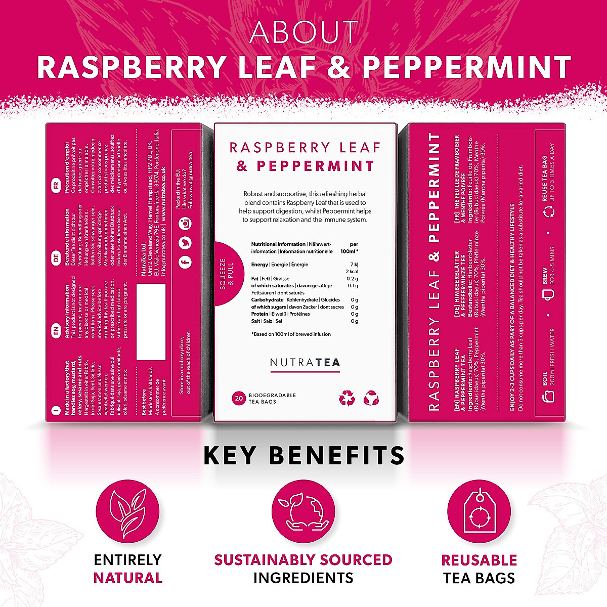 Nutra Tea - Raspberry Leaf & Peppermint Tea - Raspberry Leaf Tea For Pregnancy & Expectant Mothers - 20 Tea Bags - Herbal Tea - (1 Pack)