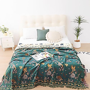 VANJOROY Boho 100% Cotton Large Throw Blanket - All Season Rustic Ultra Soft Breathable Floral Bird Blanket for Bed Sofa Couch Chair Bedspread Quilt Gift, 60" x 80"-Teal,Beige