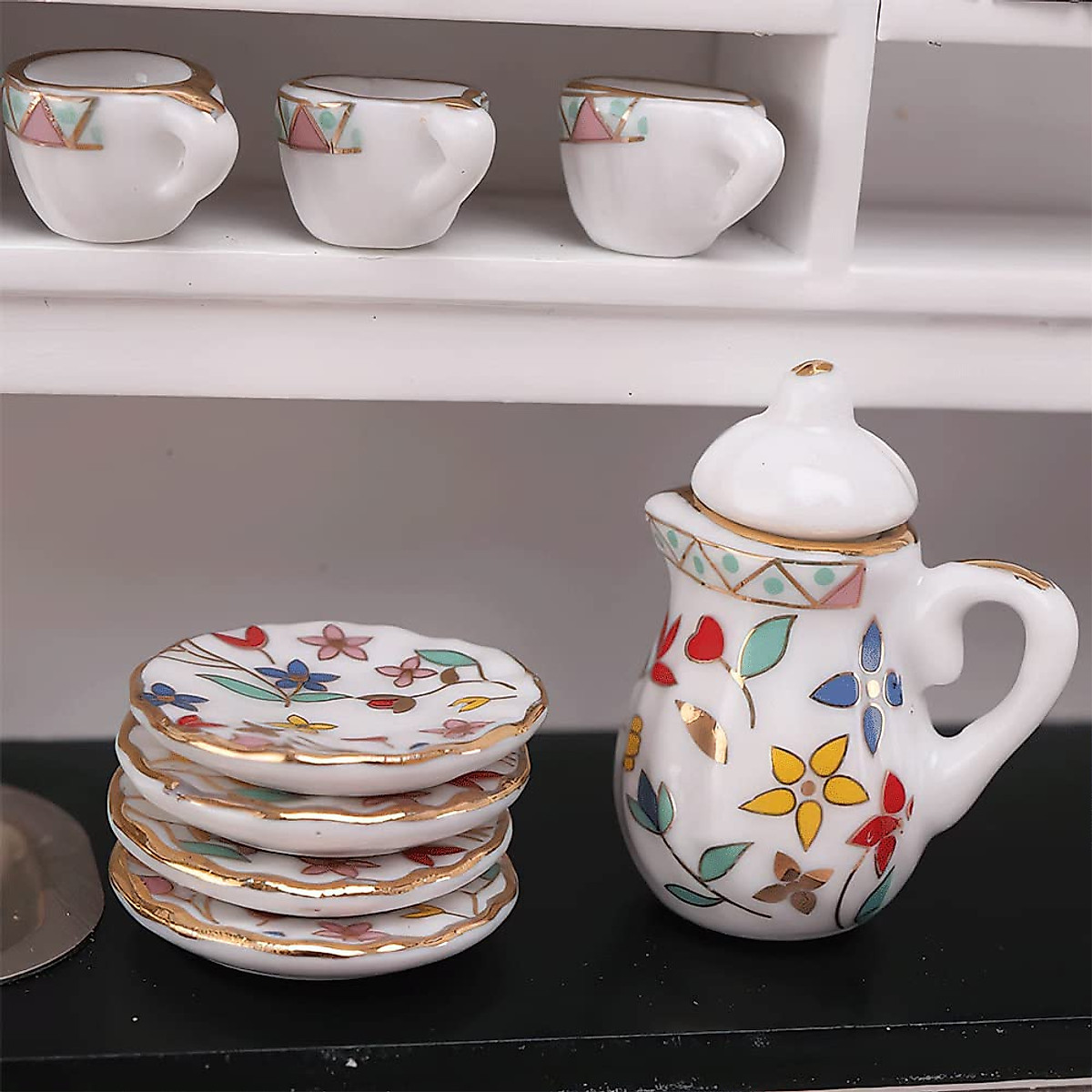 15 Pack Miniature Ceramic Doll Tea Set Dollhouse Tea Cup Set Decoration Accessories for Scale 1:12 Dollhouse Craft (Flowers)