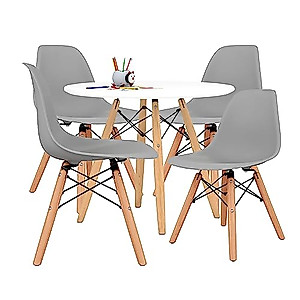 Aron Living Kids Playroom Table and Chair Set, Set of 4 Grey Chairs & White Table, Round Table with Chairs for Toddler Children, Kids Dining Table and Chair Set