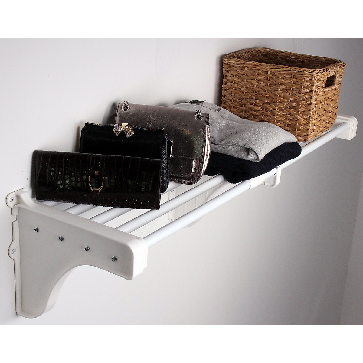 EZ Shelf-Expandable-Closet Shelf (NO Hanging Rod)- 30” to 50” -White-Easy Install to Backwall(Floating)-Wire Closet Shelving Alternative-(EZS-SW48-1-2)
