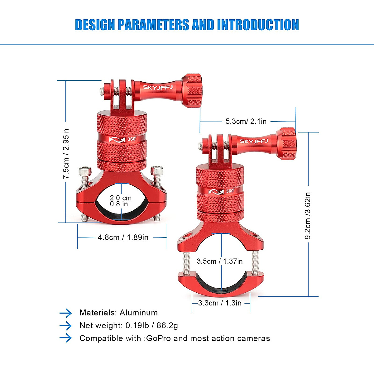 SKYJFFJ Mountain Bike Camera Handlebar Mount for GoPro Hero 8/9/10/11/12,360 Degree Rotation Aluminum Motorcycle Bicycle Rack Mount Holder for DJI Osmo Action,AKASO/YI & Action Camera Accessories（Red）