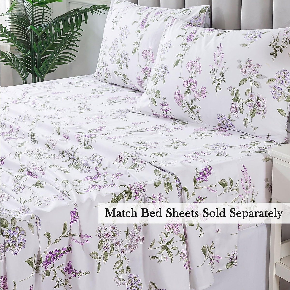 FADFAY Purple White Floral Duvet Cover Sets Queen 100% Cotton Lilac Lavender Reversible Comforter Cover French Country Bedding All Season Soft Crisp Green Leaves Bed Cover with Zipper 3 Pieces