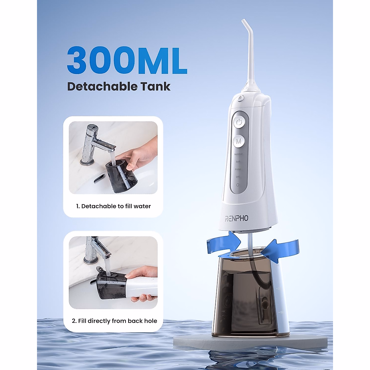 RENPHO Water Dental Flosser Teeth Cleaning, Cordless Oral Irrigator 300ML Portable Rechargeable Electric Waterflosser with 4 Modes 5 Jet Tips, IPX7 Waterproof, USB, Teeth Cleaner Pick for Home Travel
