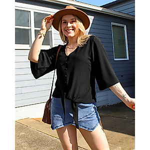 luvamia Women's V Neck Tops Ruffle 3/4 Sleeve Tie Knot Blouses Button Down Shirts, Black Button Down Size XL