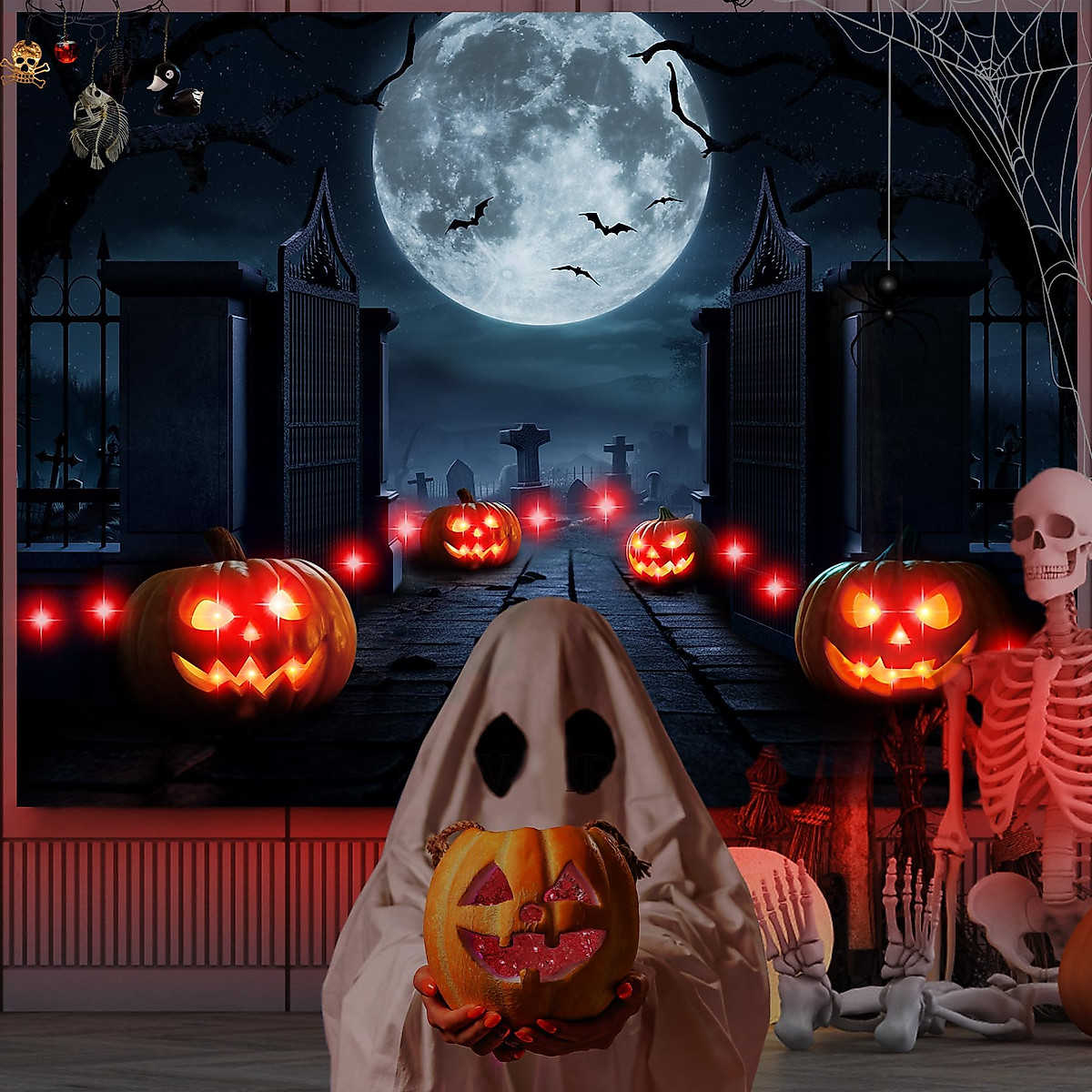 Light Up Halloween Backdrop Halloween Photo Cemetery Backdrops Scary Party Decorations Supplies for Photography Horror Photo Booth Props Background 6.5ft x 5ft